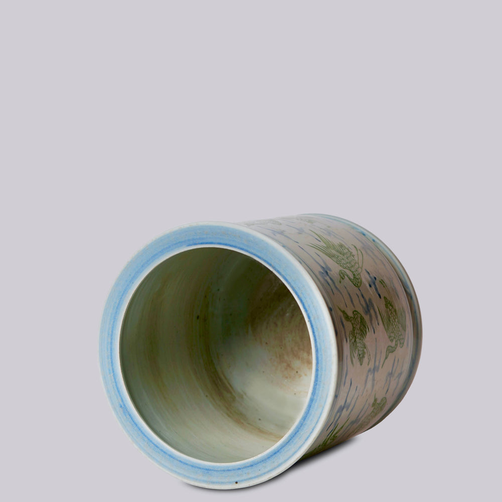 Cranes and Clouds Green and Blue Porcelain Cachepot